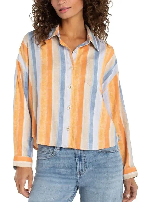 LIVERPOOL Relaxed Stripe Linen Blend Button-up Shirt - Orange Multi Stripe