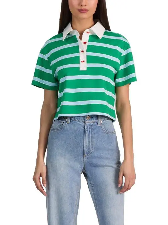 Alice + Olivia Lyle Short Sleeve Rugby Stripe Polo - Green Apple/cloud Sky