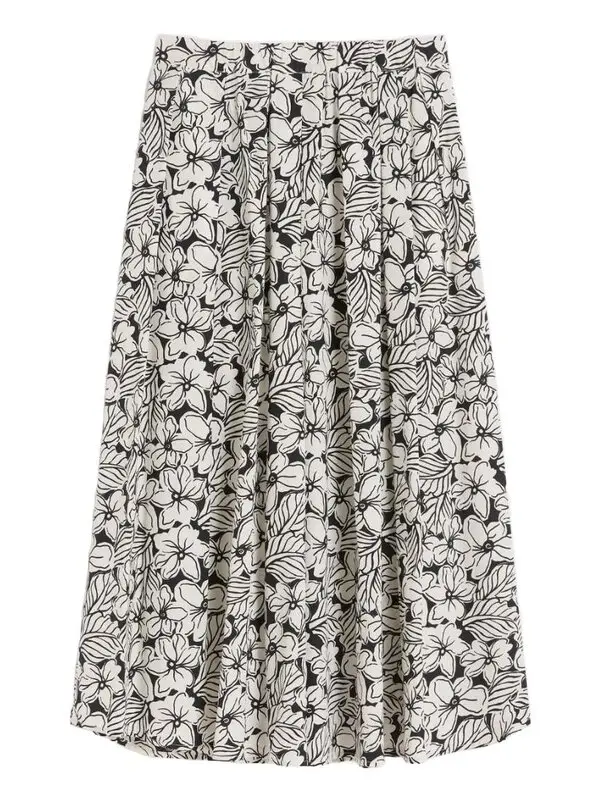 Max Mara Printed Poplin Pleated Long Skirt - Black