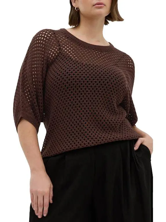 City Chic Open Stitch Crewneck Sweater - Chocolate