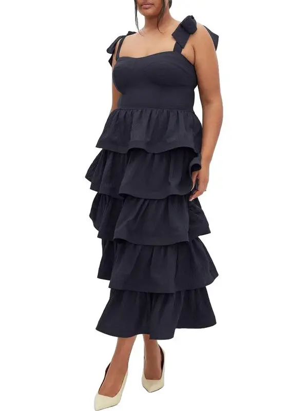 City Chic Elina Tie Strap Tiered Midi Dress - Navy