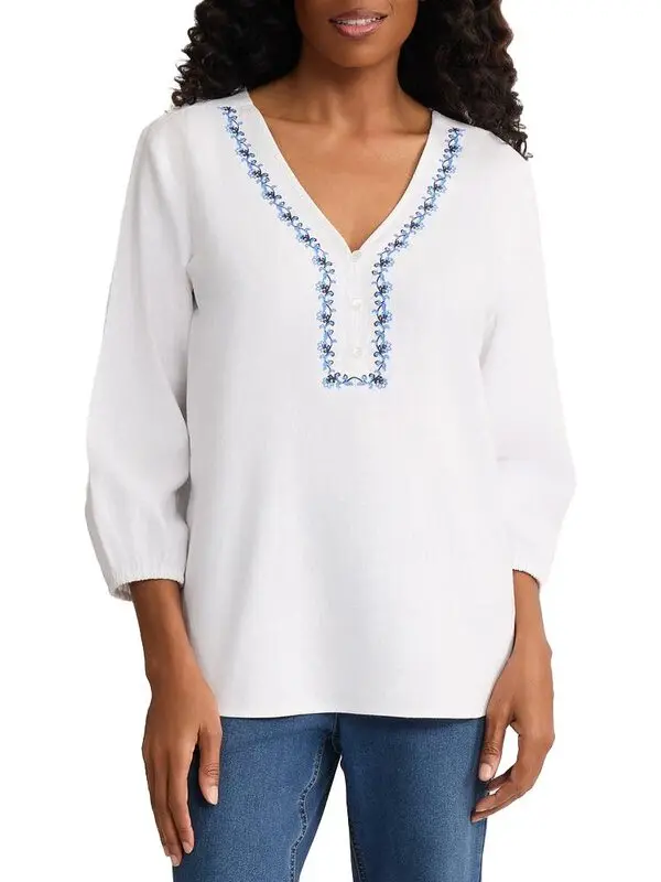Jones New York Embroidered Popover Top - Nat Wht/blue Horz Ml