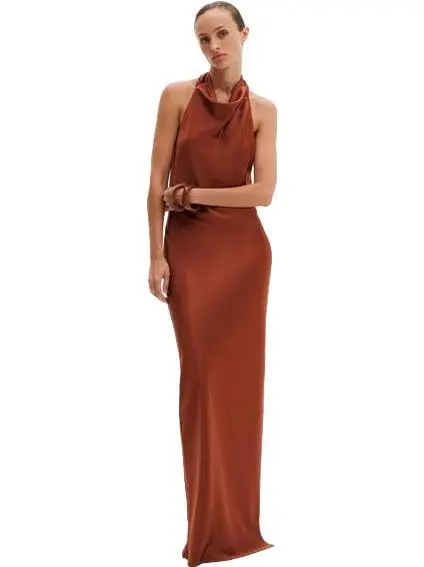 MALINA Tessie Open Back Halterneck Maxi Dress - Rust