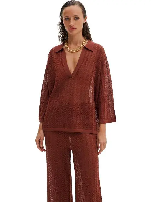 MALINA Imene Pointelle Knit Collared Top - Rust