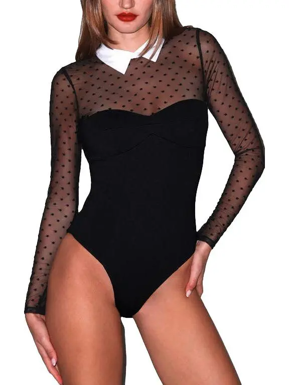 FLEUR DU MAL Collared Dotted Tulle Bodysuit - Black