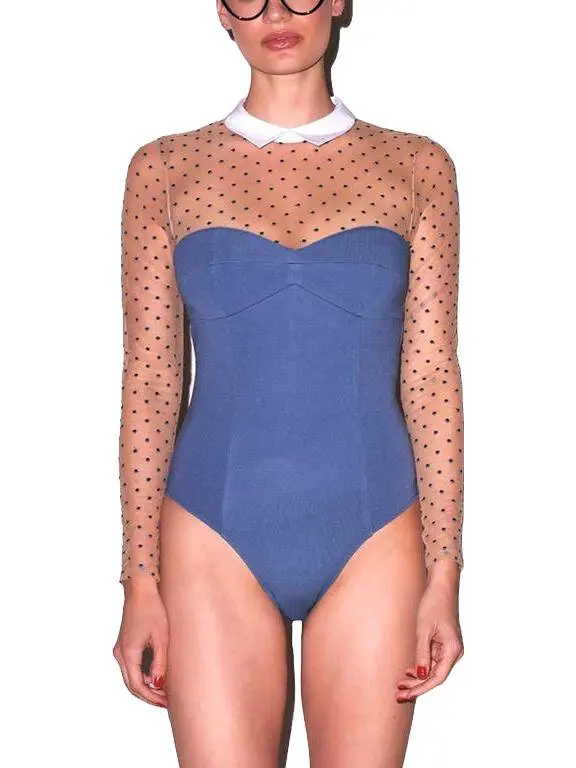 FLEUR DU MAL Collared Dotted Tulle Bodysuit - Blue Haze