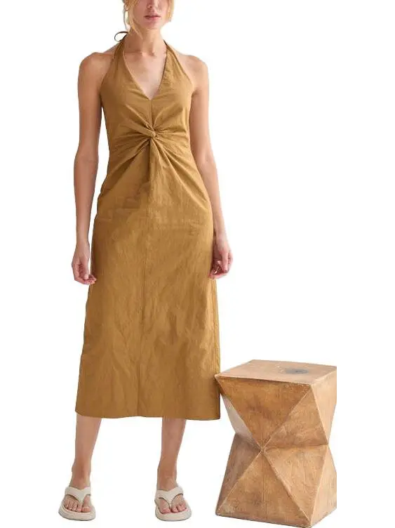 CRESCENT Crinkled Woven Halter Midi Dress - Golden Tan