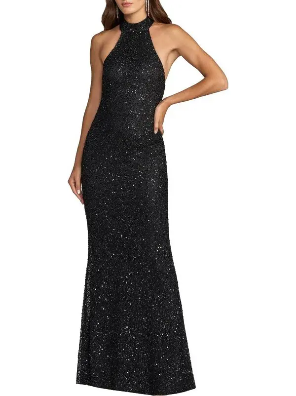 Mac Duggal Halter Neck Beaded Column Gown - Black