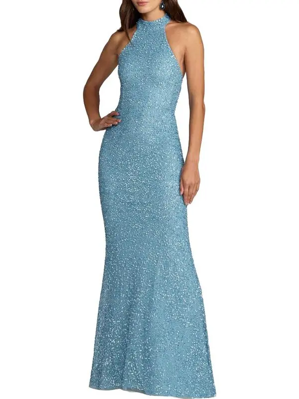 Mac Duggal Halter Neck Beaded Column Gown - Ice Blue