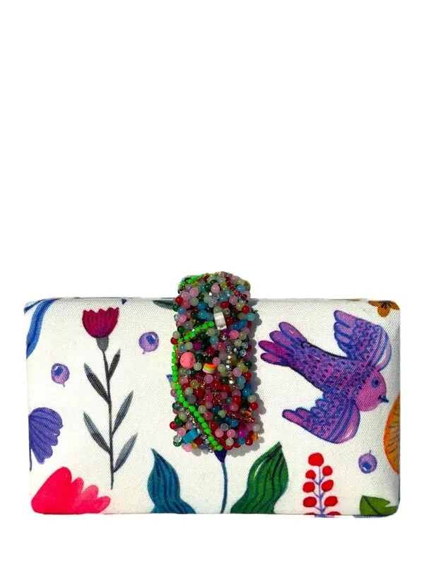 SIMITRI Printed Clutch With Beaded Fringe - Garden Party
