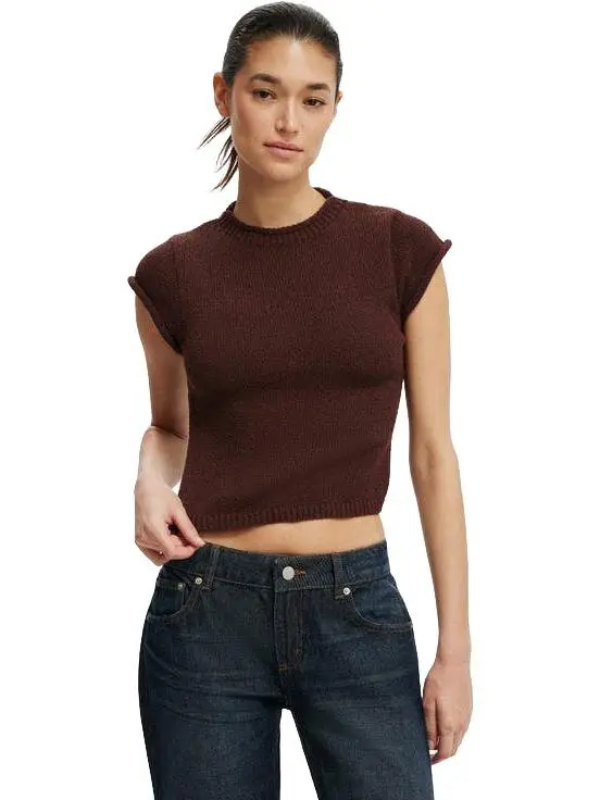 COTTON ON Textured Knit Cropped Top - Dark Oak