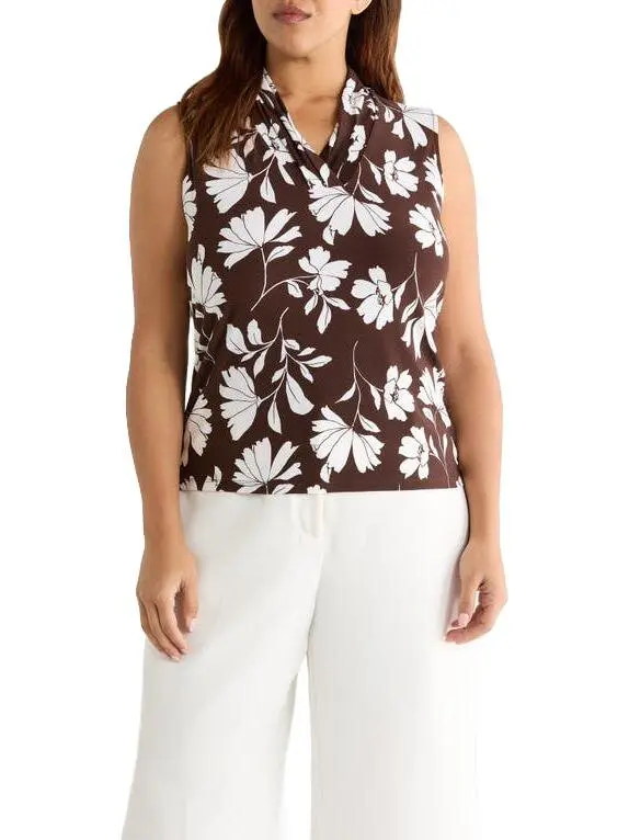 Anne Klein Floral Triple Pleat V-neck Top - Dark Chocolate/white Dove