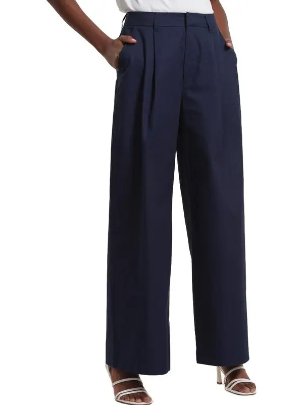 ISAAC MIZRAHI NEW YORK Pleated High Waist Wide Leg Cotton Pants - Navy