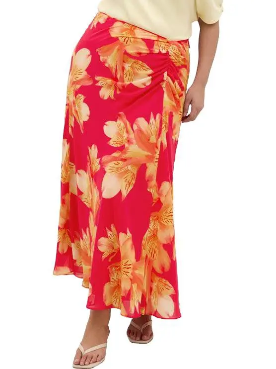 City Chic Printed Ruched Maxi Skirt - Fuchsia Lily