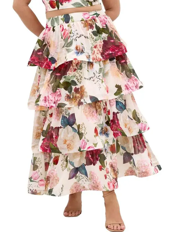 City Chic Floral Print Ruffle A-line Skirt - Botanical Bloom