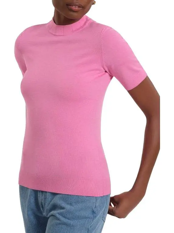 ISAAC MIZRAHI NEW YORK Mock Neck Short Sleeve Sweater - Hot Pink