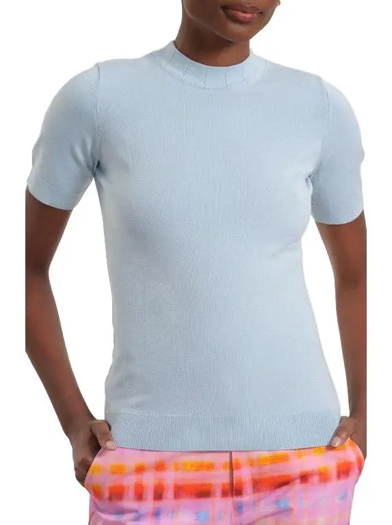 ISAAC MIZRAHI NEW YORK Mock Neck Short Sleeve Sweater - Lite Blue