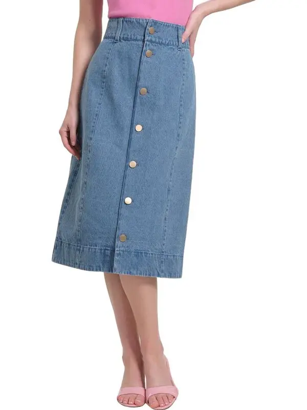 ISAAC MIZRAHI NEW YORK Button Front Knee Length Skirt - Denim