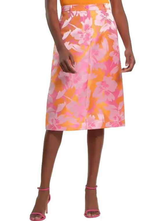 ISAAC MIZRAHI NEW YORK Floral Satin Brocade Pencil Skirt - Pink/orange