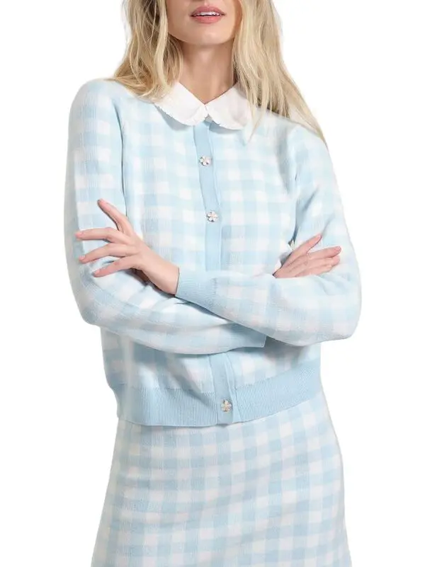 ISAAC MIZRAHI NEW YORK Gingham Cardigan With Peter Pan Collar - Blue Multi