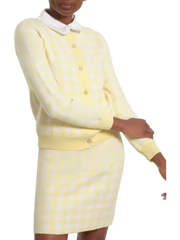 ISAAC MIZRAHI NEW YORK Gingham Cardigan With Peter Pan Collar - White Multi