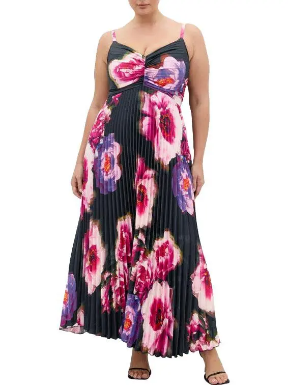 City Chic Floral Print Pleated Maxi Dress - Pink Garden Gala