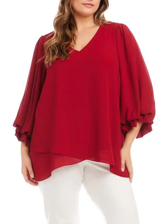 Karen Kane Asymmetric Hem Balloon Sleeve Top - Red