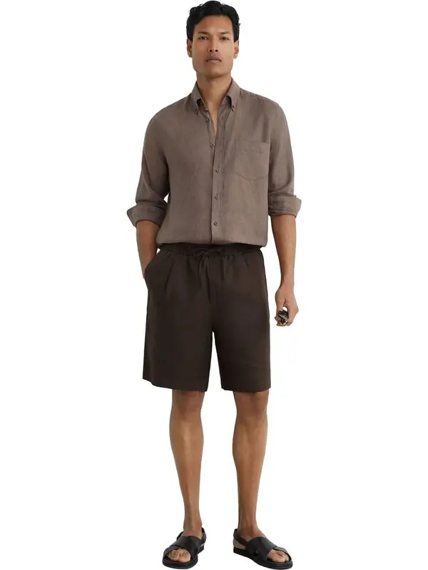 REISS Barges Linen Short - Chocolate Brown