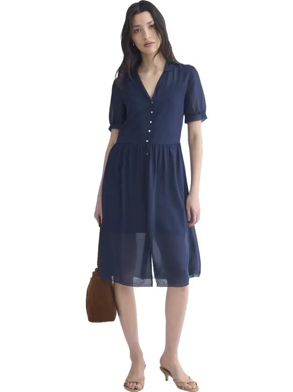 Everlane Notch Collar Silk Georgette Shirtdress - Navy