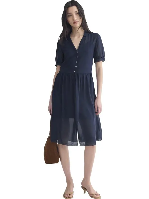 Everlane Notch Collar Silk Georgette Shirtdress - Navy
