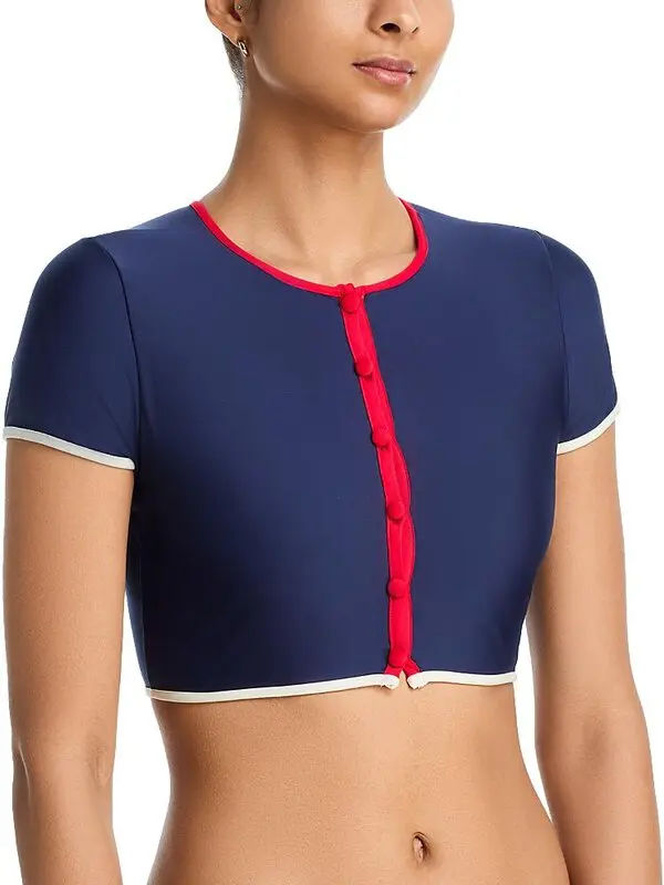 Aqua Crewneck Button Up Tankini Top - Blue/coral