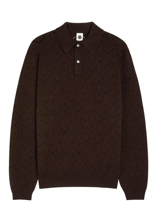 VOWELS Pointelle-knit Wool Polo Jumper - Brown