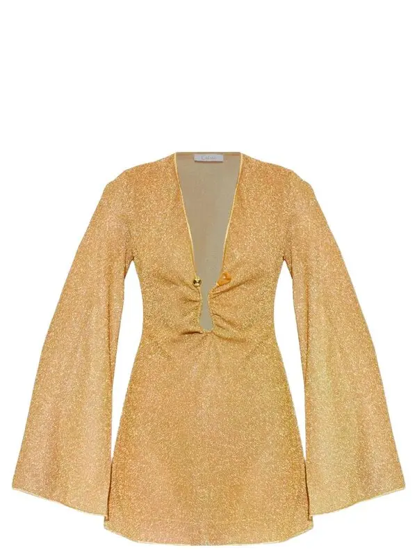 Oseree Long-sleeve Plunging Mini Dress - Gold