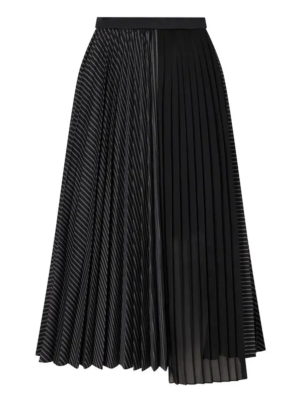 Sacai Pleated Striped Cotton-blend Poplin Maxi Skirt With Chiffon Trim - Black