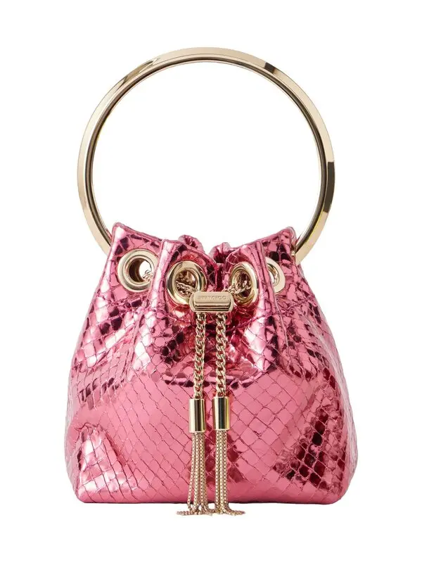 JIMMY CHOO Bon Bon Micro Snake-effect Metallic Leather Bucket Bag - Pink