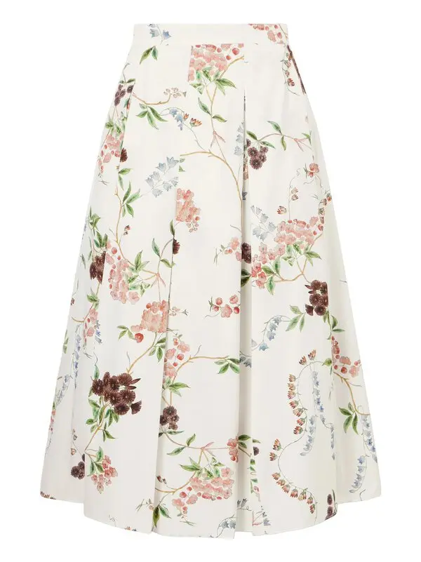 Erdem Floral-print Pleated Cotton Midi Skirt - White