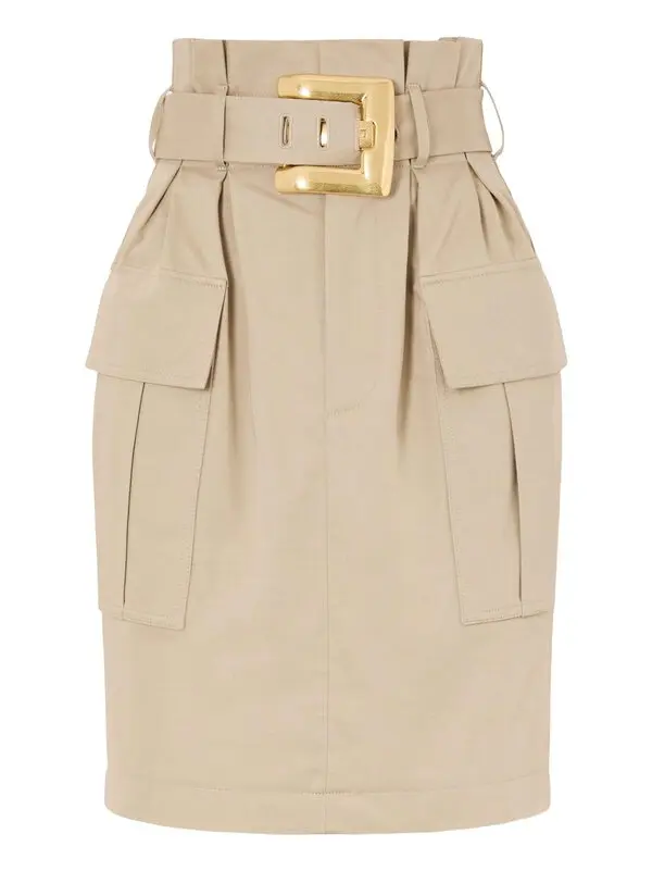 Balmain Belted Cotton-gabardine Midi Skirt - Beige