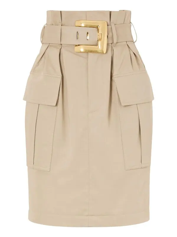 Balmain Belted Cotton-gabardine Midi Skirt - Neutrals