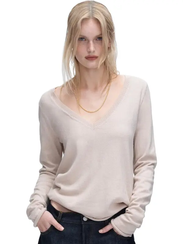 ATM Anthony Thomas Melillo Cotton Cashmere V-neck Sweater - Soft Beige