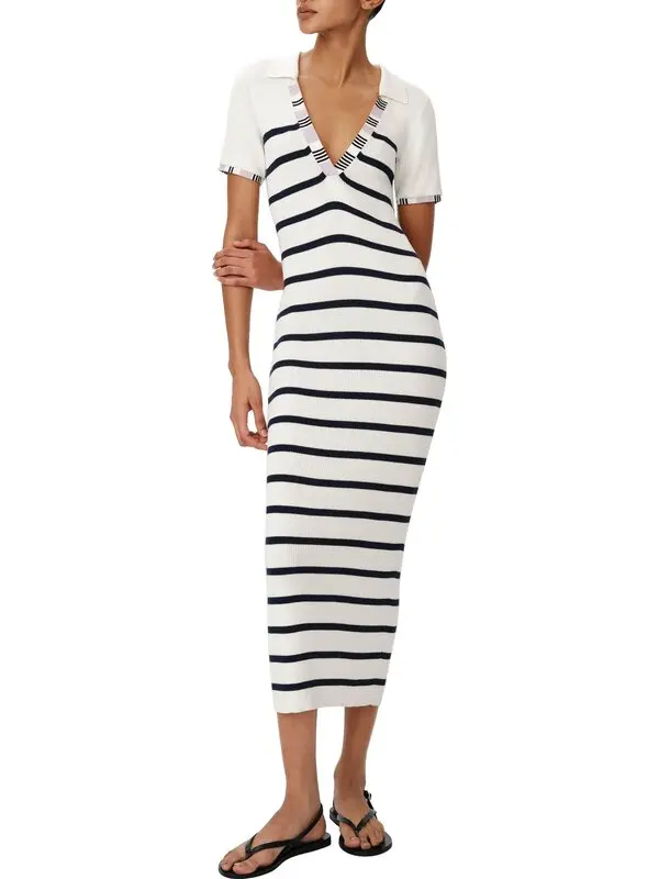 ATM Anthony Thomas Melillo Striped Sleeveless Split Collar Dress - White/midnight