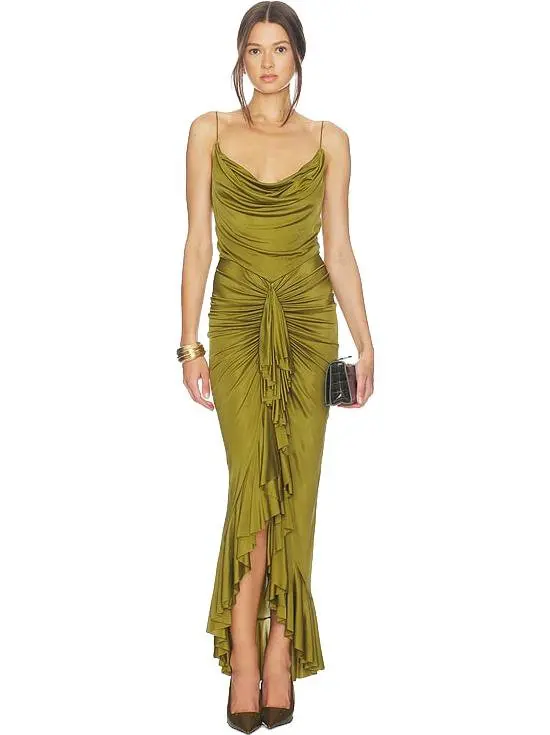 Atlein Ruffle Strappy Long Dress - Vert Militaire