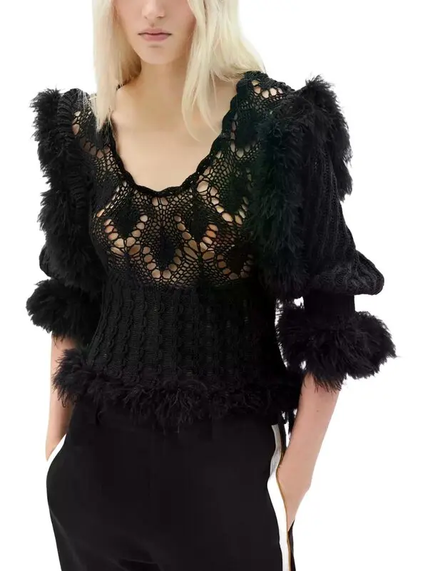 ANN DEMEULEMEESTER Feather-trimmed Scallop-neck Sweater - Black