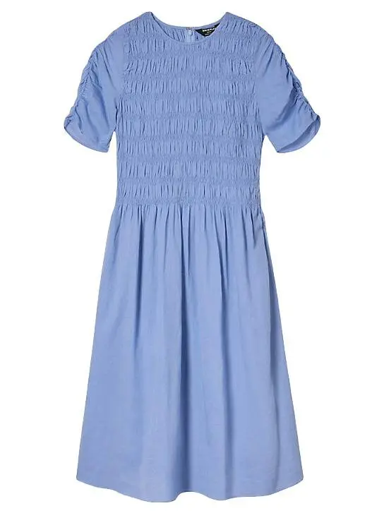 Whistles Avery Ruched-sleeve Cotton Midi Dress - Pale Blue