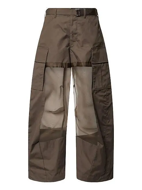 Sacai Sheer-panel Wide-leg Cotton Trousers - D Khaki