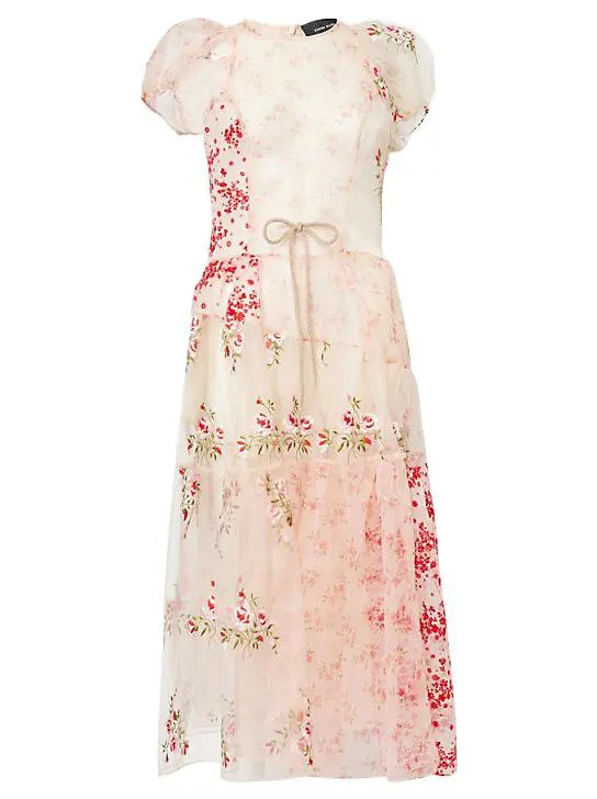 Simone Rocha Puff-sleeve Flounce Sheer Midi Dress - Nude Patchwork Taupe