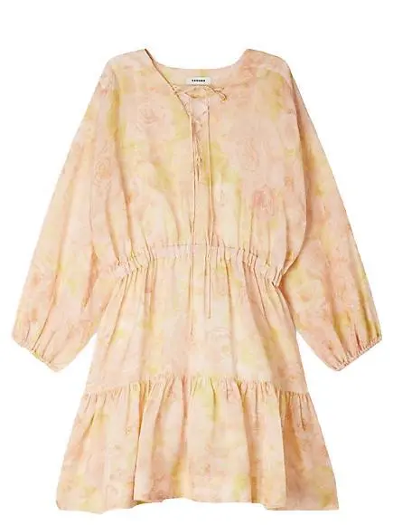 Sandro Floral-print Lace-up Woven Mini Dress - Pink / Green