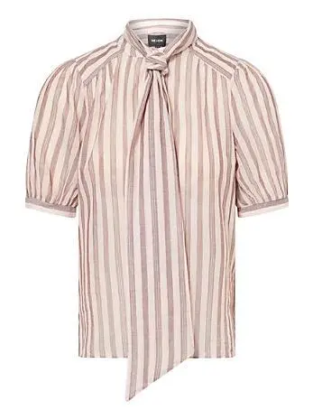 ME+EM Striped Puff-sleeve Blouse With Tie Detail - Pink Multi