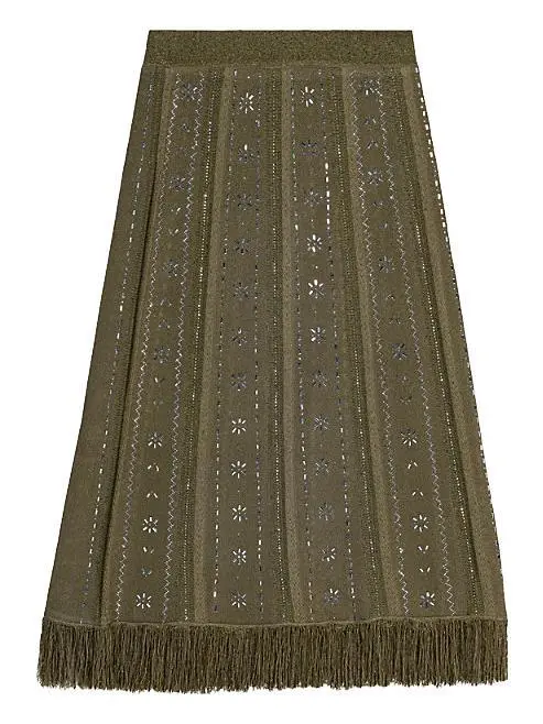 Maje High-rise Rhinestone-embellished Knitted Midi Skirt - Khaki
