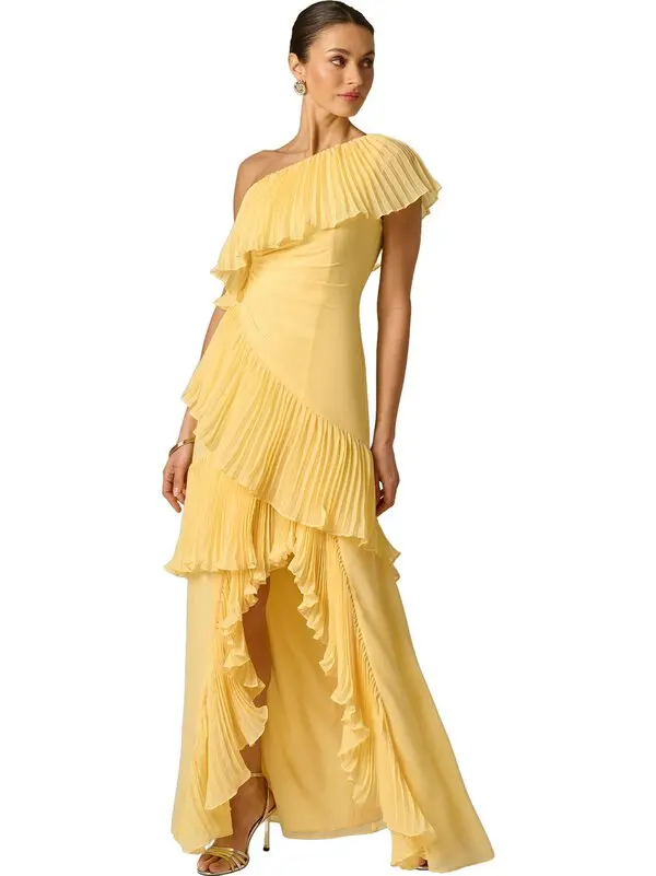 Adrianna Papell One-shoulder Pleated Flounce High-low Gown - Butter Yellow