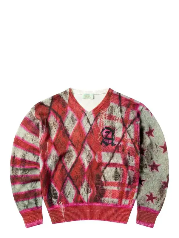 Aries Digi Patchwork V-neck Sweater - Red